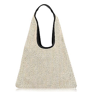 QTKJ Hand-woven Straw Shoulder Bag Boho Black Leather Top Handle Tote Retro Summer Beach Bag Holiday Travel Handbag (White)