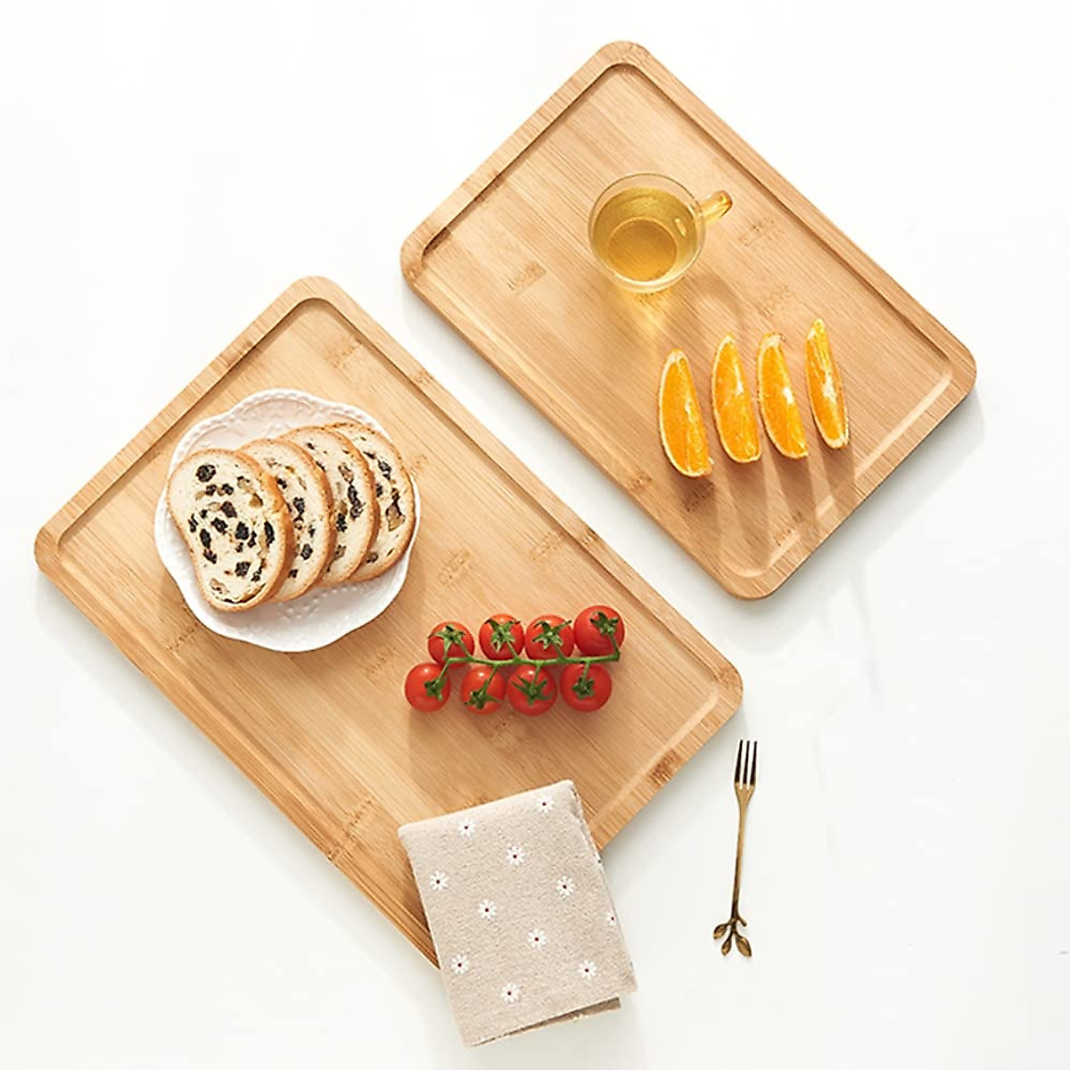 2 Pack Large Bamboo Serving Tray, 14.2''L x 9.4''W x 1''H and 11.8''L x 7.9''W *1''H, Portable Wooden Food Trays for Eating Dinner Breakfast Tea Snack Coffee Fruit Serving Trays
