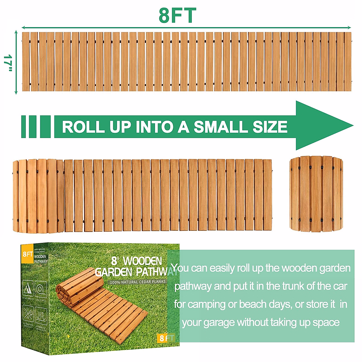 RELIANCER 8' Wooden Garden Pathway,Outdoor Roll Out Cedar Straight Walkway,Patio Path Decorative Garden Boardwalk Walkways,Weather-Resistant Roll Up Beach Wood Road Floor,Wedding Party Pathways