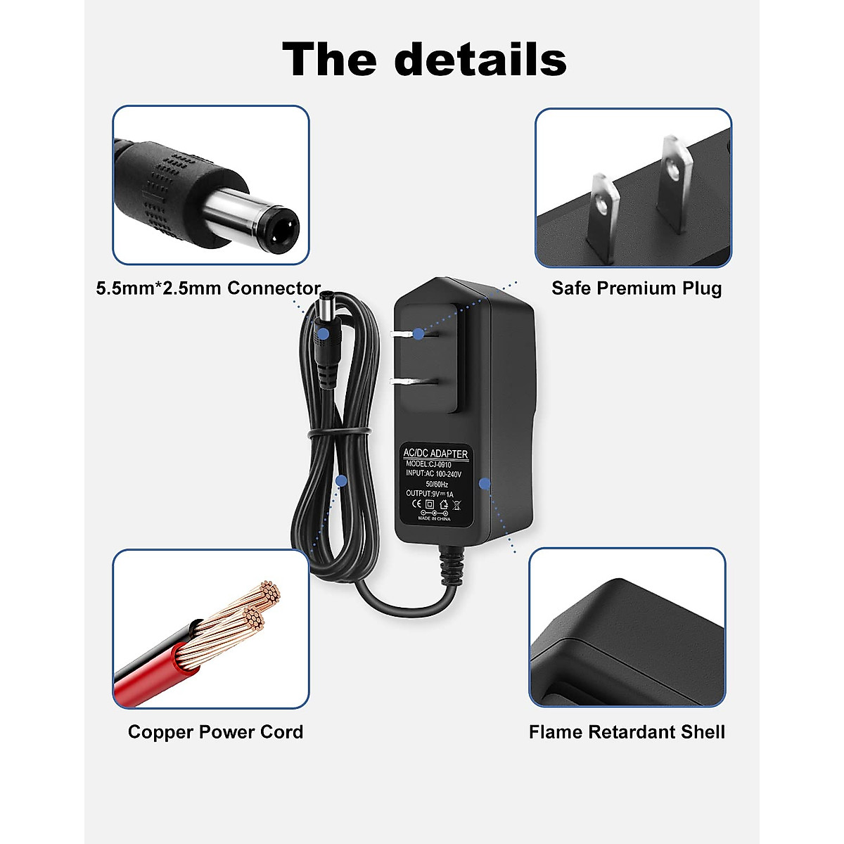 9V 1A DC Power Supply Adapter 9 Volt AC Adapter 100-240V 50-60Hz AC to DC 9V 1A Power Adapter, 9V DC Power Supply 1A Transformer with 5.5mm x 2.5mm DC Barrel [Inside Positive +, Outside Negative -]