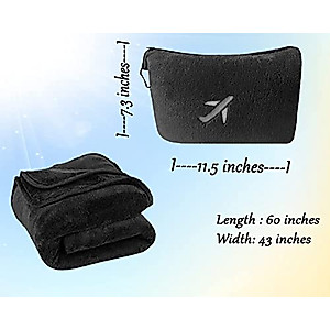 BlueHills Premium Mini Plush Travel Blanket and Ultra Compact Travel Blanket Value Pack Set of 2 - Airplane Flight Blanket Throw in a case with Strap Compact Pack for Car Plane Travel Black