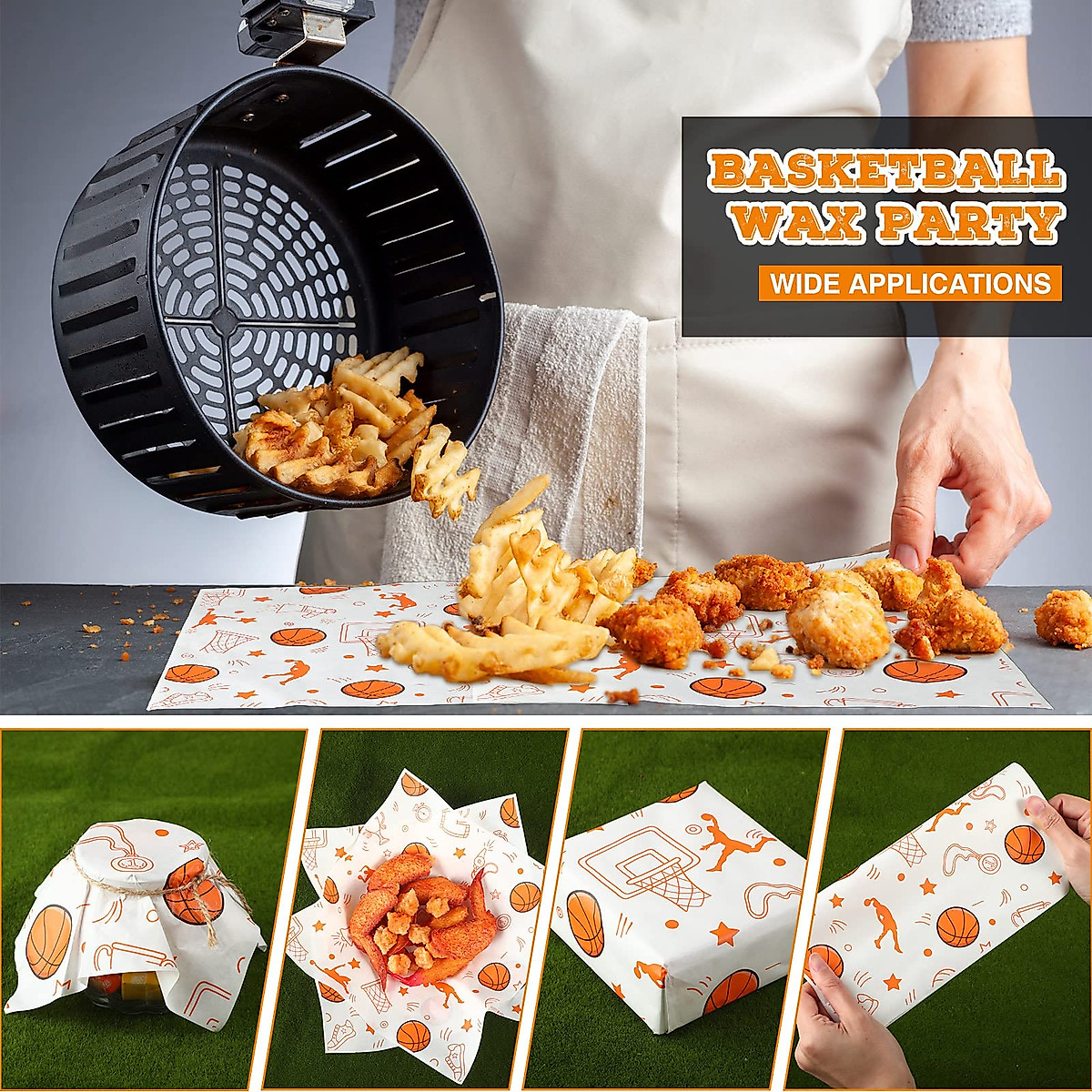 90 PCS Basketball Party Supplies 1.1lb 30 Basketball Paper Food Serving Tray Paper Food Holder Tray Disposable Paper Boat Paper Food Tray with 60 Deli Wrap Wax Paper Sheets for Basketball Party Favor