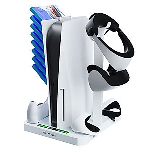 Orzero Storage Charging Station Compatible for PS VR2, for PlayStation VR2 PS VR2 Vertical Stand with Console Cooling Fan and Controller Charging Dock, VR Headsets Holder