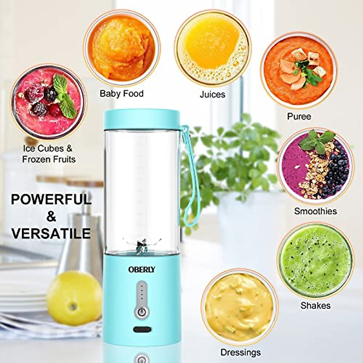 Blend Portable Blender Jet for Shakes and Smoothies, OBERLY Personal Travel Blender for Protein with 4000mAh USB Rechargeable Battery, Crush Ice, Frozen Fruit and Drinks, 18 oz Mini Travel Cup, Blue 1