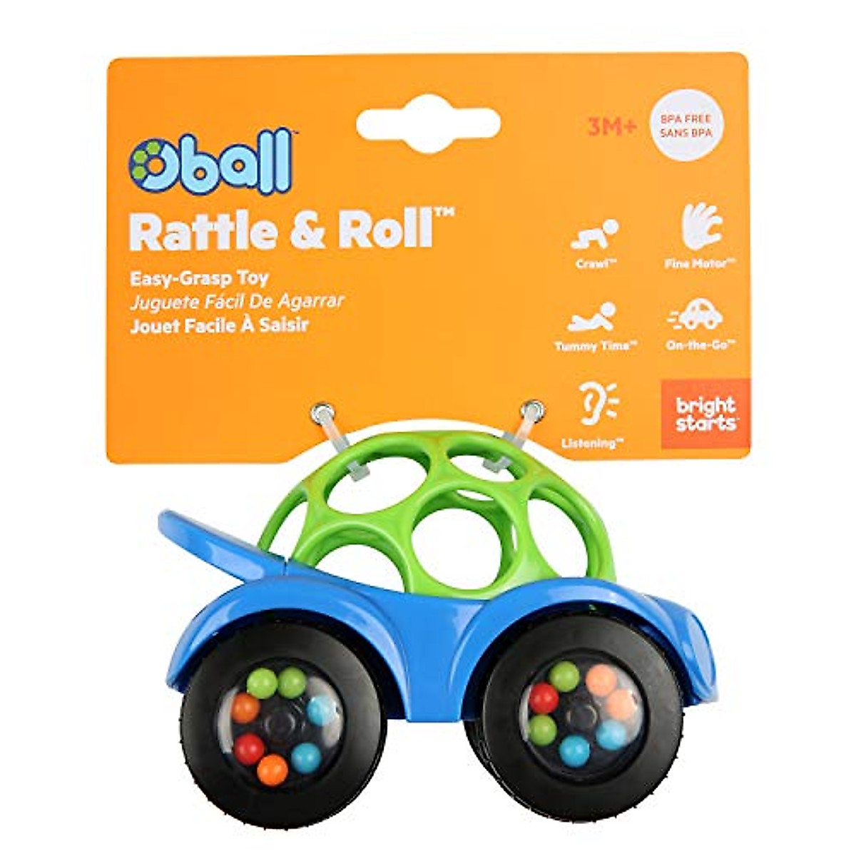 Bright Starts Oball Rattle & Roll Sports Race Car Toy Push and Go Vehicle, Easy Grasp, Ages 3 Months +, Blue
