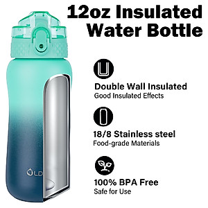 OLDLEY Insulated Water Bottle 12oz Kids Water Bottles with Straw, Stainless Steel Water Bottle with 2 Lids,Double Wall Vacuum Bottle, Leak-Proof Sport Bottles for School Travel, Caribbean Blue