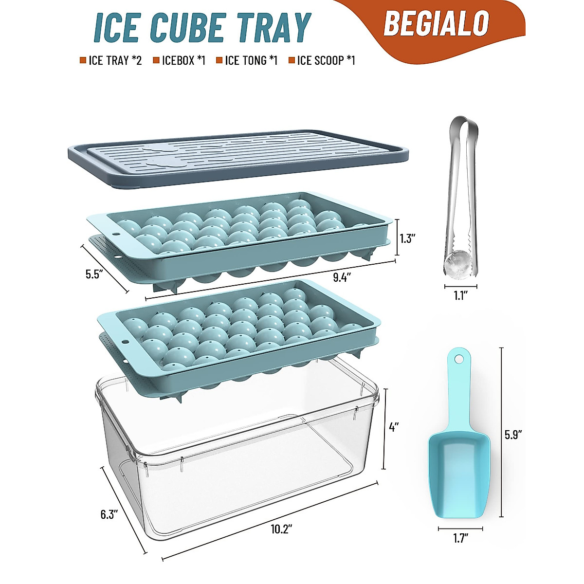 BEGIALO Ice Cube Tray, Round Ice Trays for Freezer with Lid and Bin, Circle Ice Mold Making 66 x 1.0IN Small Ice Balls,Sphere Ice Makers (New Blue)