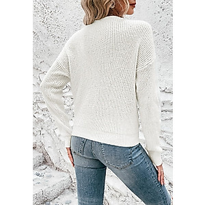 Pink Queen Women's 2024 Casual Pullover Sweaters Sexy Deep V Neck Long Lantern Sleeve Twist Knot Wrap Cropped Knit Sweater Tops White M