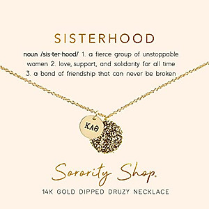 Sorority Shop KAT Necklace - Kappa Alpha Theta Metallic Gold Druzy Gemstone Necklace With Engraved Pendant – 14K Gold Dipped Jewelry with Gold Gemstone – Sorority Gift, Charm Paraphernalia
