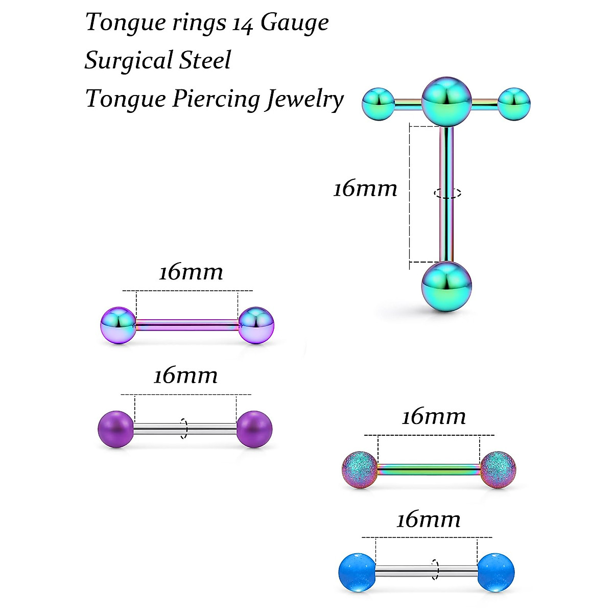 Ylqjksk Tongue Rings Surgical Steel 14G Tongue Piercing Jewelry Plastic Tongue Rings for Women Men Clear CZ Acrylic Skull Ghost Pill Glow Dark Flower T Shape Glitter Tongue Ring Rainbow 5/8inch 16MM