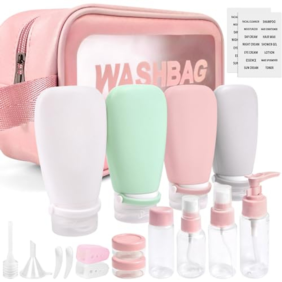 Noideeer 18 Pcs Travel Bottles for Toiletries Gym TSA Approved, Leak Proof with Bandage Silicone Squeezable 3oz for Toner Shampoo Conditioner Lotion Body Wash with Toothbrush Cover Tag and Wash Bag