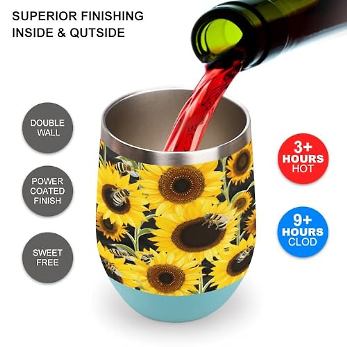 WYUSPGK 304 Stainless Steel Insulated Cup, Sunflower Bees Print Smooth Rim, Durable & Reusable - Perfect for Office, Home, And Travel