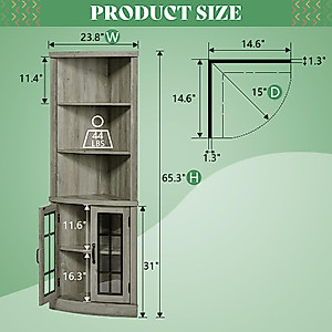 AMERLIFE Curved Corner Storage Cabinet, 65" Tall Freestanding Bookcase with Glass Doors & Adjustable Shelves, 5-Tier Corner Display Cabinet for Living Room, Bathroom, Laundry Room, Washed grey