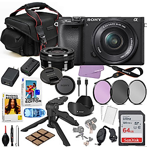 Sony A6400 Mirrorless Camera with 16-50mm Lens Bundle + Commander Optics Accessories Package Including Filters, Case, Grip Strap + Sandisk 64GB Memory, Movavi Software Package & More (Renewed)