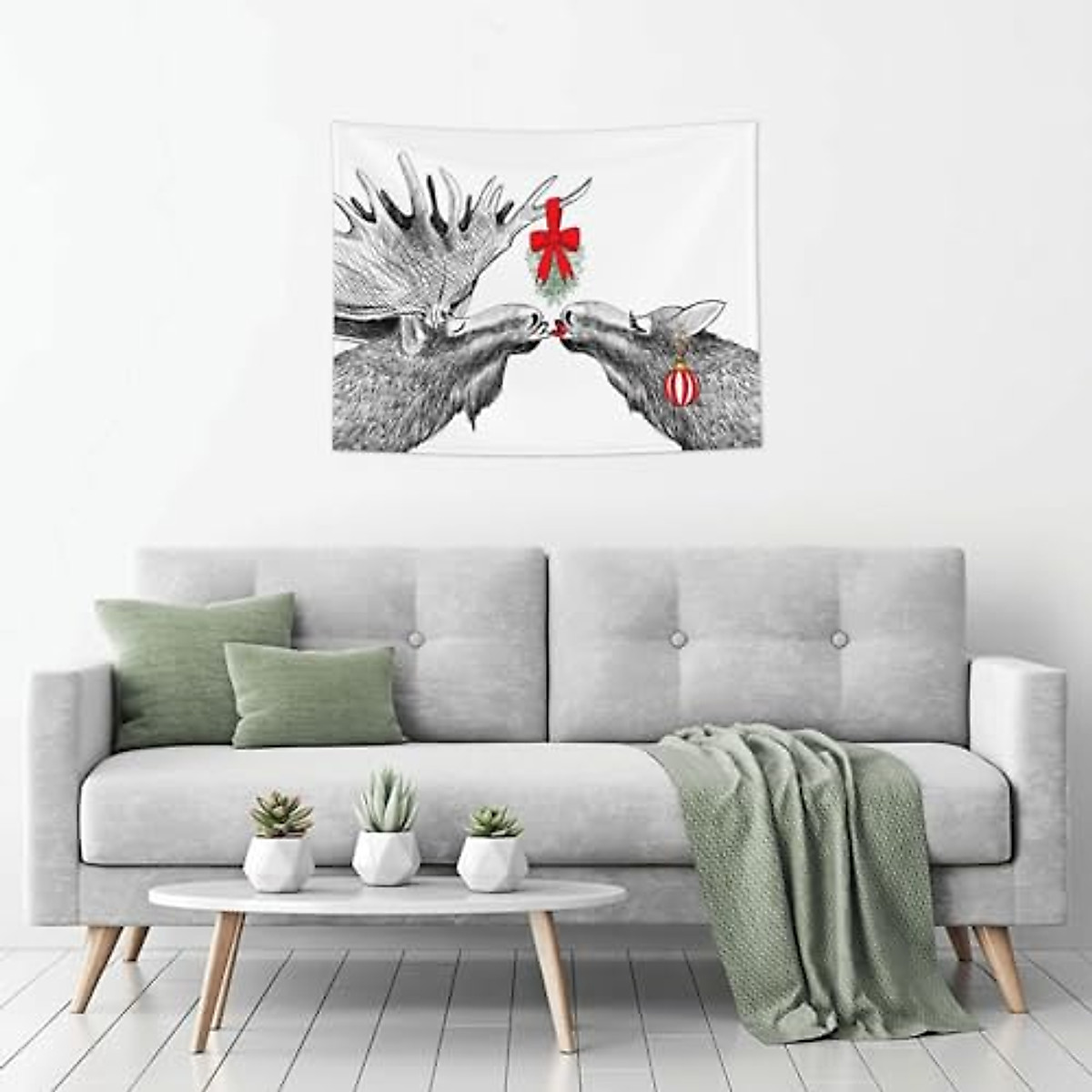 Mosytuky Moose Kissing Under Mistletoe Tapestry Wall Hanging Decor For Living Room Bedroom Dorm Classroom Office Decor 29x37 Inch