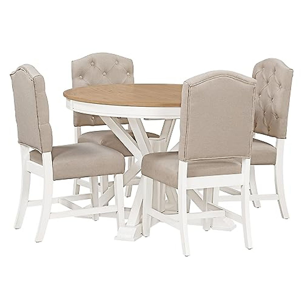 Dinehome 5-Piece Retro Style Extendable Round Dining Table Set with 4 Upholstered Chairs, Oak Natural Wood + Off White