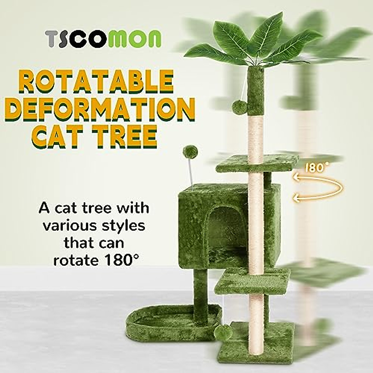 TSCOMON 52" Cat Tree Cat Tower for Indoor Cats with Green Leaves, Multi-Level Cozy Plush Cat Condo Cat House Cat Scratching Posts for Indoor Cats with Hang Ball, Home Plant Style Pet House, Green