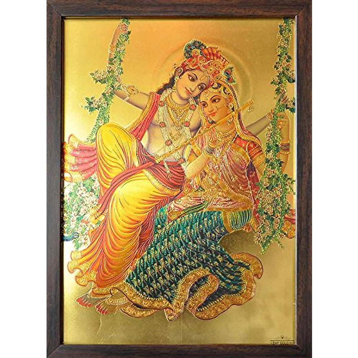 Handicraft Store OFS- Lord Krishna & Radha Enjoying jhula and Radha Playing Flute, A Elegant, Decorative, Religious Picture Poster with Frame, Must for Office/Home and Religious Purpose