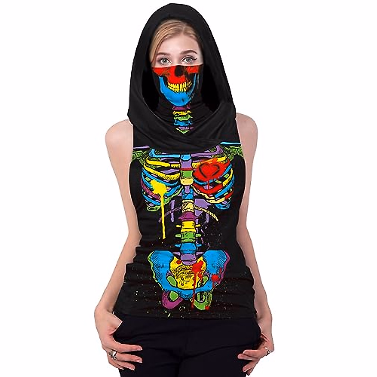 Ainuno Skeleton Tank Top for Women Teen Girls Ladies Woman Halloween Costume Sugar Skull Costume Shirts Funny Halloween Skeleton Hoodie Colorful Skull Print Pullover Sweatshirt Cute Tshirts XL
