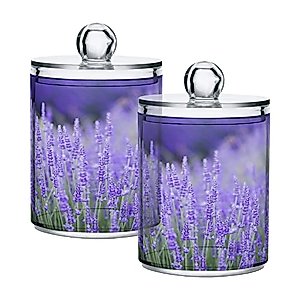 Kigai Purple Lavender Qtip Holder Dispenser with Lids 2 Pack ,Clear Plastic Apothecary Jar Containers for Vanity Makeup Organizer Storage - Bathroom Accessories Set for Cotton Swab, Ball, Pads, Floss