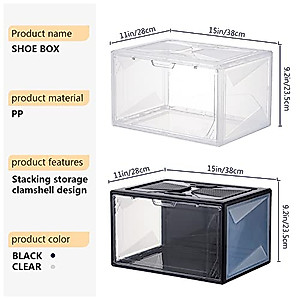 Shoe Storage Boxes Organizers 15" x 11" x 9.25" Extra Large Size Sneaker Display Shoe Containers Clear Plastic Stackable with Lids Magnetic Side Opening Door for Collection Display (6 Pack, Black)