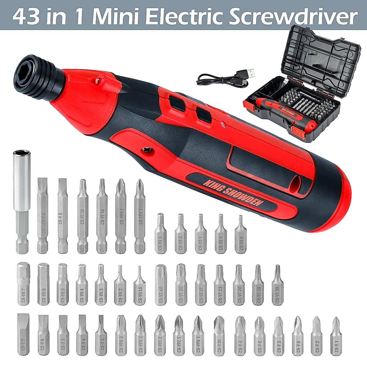King Showden Electric Screwdriver 4V Cordless Power Screw Drivers Kit with 42 pcs Drill Bits, USB Rechargeable Lithium ion Battery, LED Work Light, Carrying Case