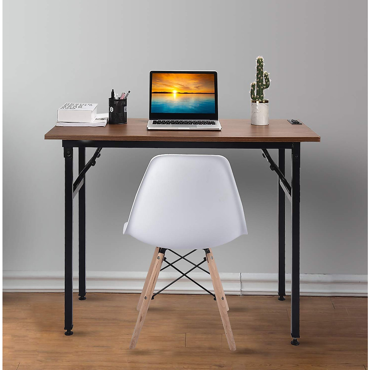 Frylr Small Folding Computer Desk 31.5''LX 15.7''X 29'' with 2 Power Sockets and 2.1A USB Charging Ports, Home Office Desk Portable Writing Desks for Small Space, Foldable Desk, Walnut