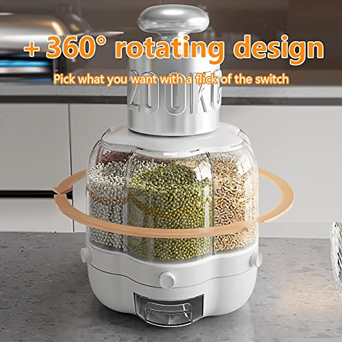 15lb Cereal and Grain Storage Container, 6-Compartment 360°Rotating Dry Food Dispenser with Measuring Cup, Kitchen Lentil Round Storage Container Dispenser for Small Grains, Beans, Rice, Barley,