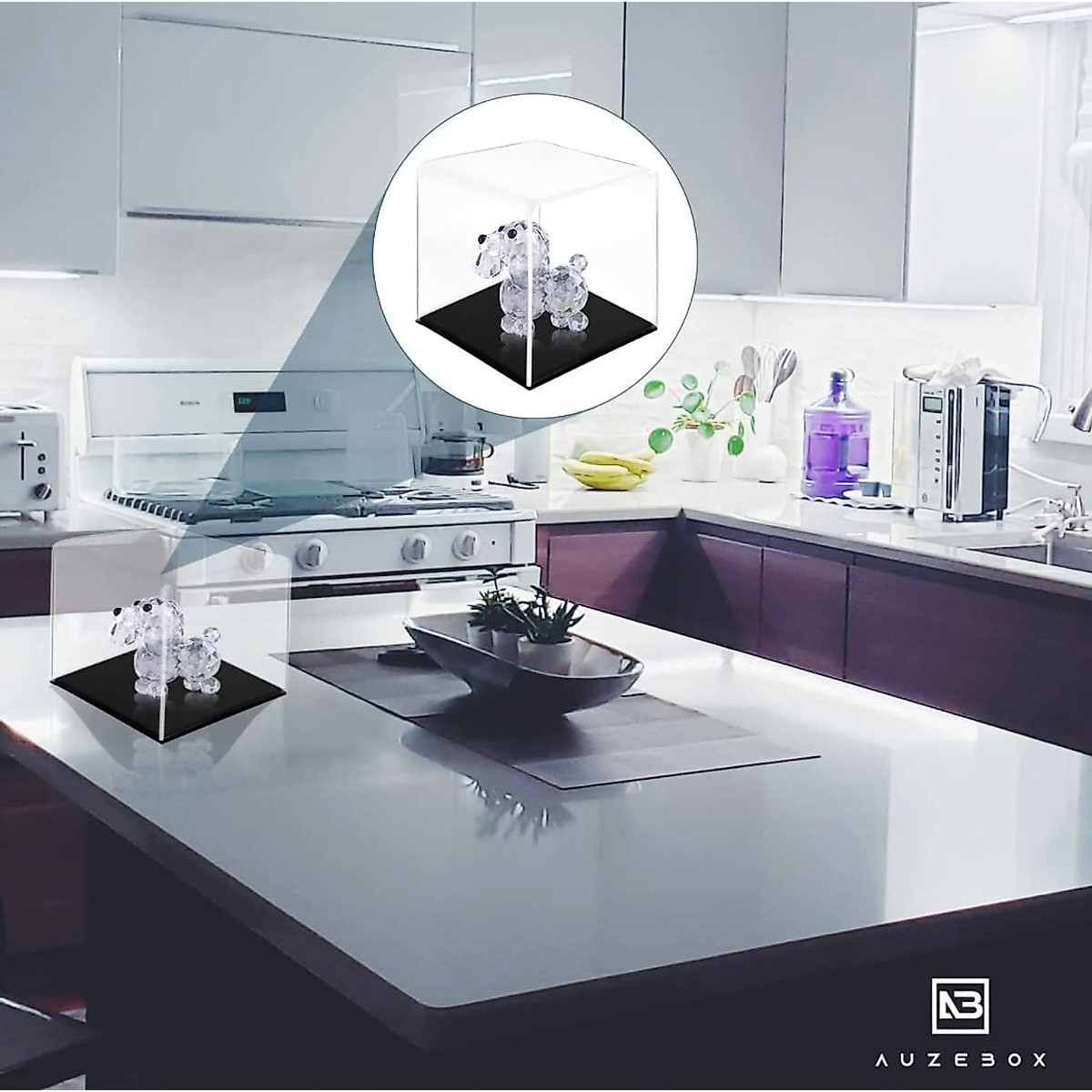 AUZEBOX Acrylic Display Case with Black Base- Highly Transparent, Dustproof and Clear Vision Lego Display Case for Action Figures, Legos, Trophy, Model Cars, and Any Toy Collectables 4x4x4 Inches