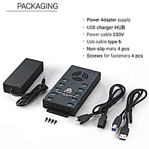 BrovSS: 10 Port USB 3.0 Hub - USB Hub Charger - Powered USB Hub - USB Charging Splitter - Multiple USB Port Hub - Charging Hub with 5V 10A 120W Power Adapter, Cooling Fan, Mounting Brackets (Black)
