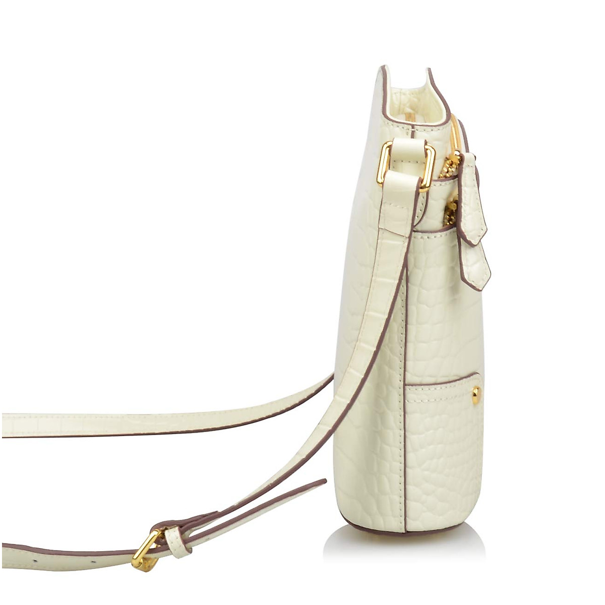 Ainifeel Women's Patent Leather Triple Zip Pocket Crossbody Bag Genuine leather shoulder bags (Medium, Off white)