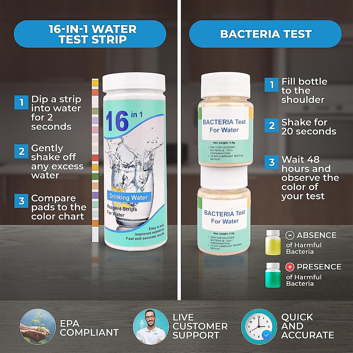 17 in 1 Complete Drinking Water Test Kit 100 Strips + 2 Bacteria Home Texter Kits - Well, Tap, Home, City Water Testing Strip for Lead, Alkaline, Chlorine, Hardness, Iron, Fluoride, Copper & More