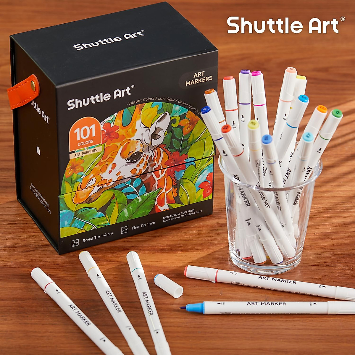 Shuttle Art 101 Colors Dual Tip Alcohol Based Art Markers,100 Colors plus 1 Blender Permanent Marker Pens Highlighters with Case Perfect for Illustration Adult Coloring Sketching and Card Making