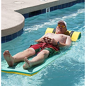 Aqua Lily Pad Tadpole Floating Pool Mat (Single Adult Foam Mattress Lounger) 7'1" x 2' Water Float Includes Pillow Straps & Storage Bag, Green/Yellow, Made in USA