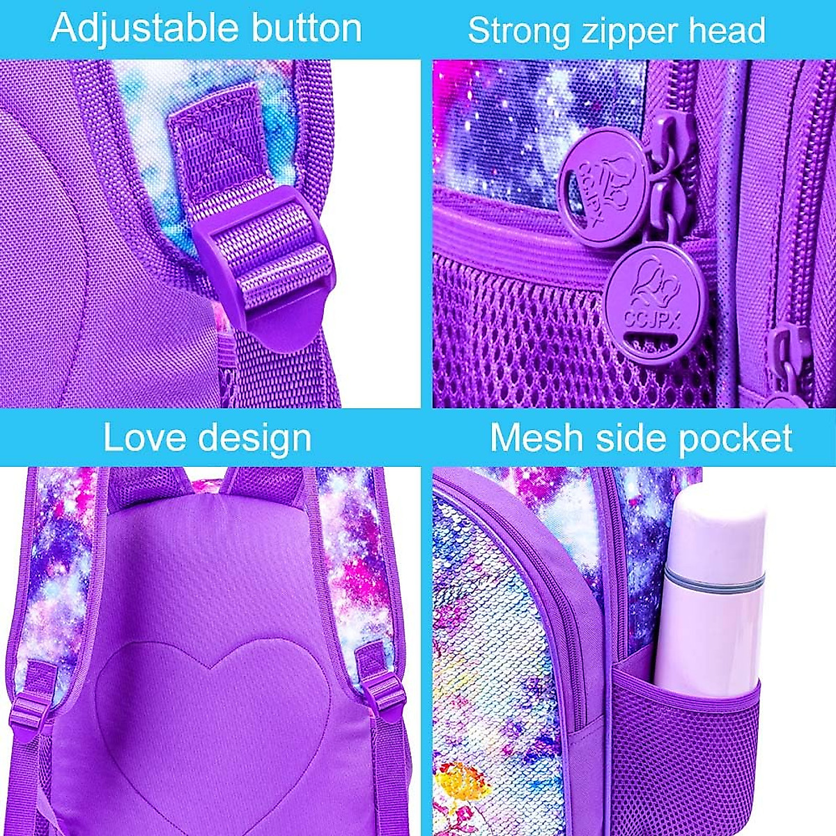 CCJPX 3PCS Girls Backpack, 16” Kids Unicorn Sequin Bookbag and Lunch Box for Kindergarten Elementary