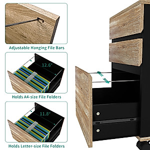 YITAHOME 3 Drawer Mobile File Cabinet, Rolling Filing Cabinet for A4 or Letter Size, Wood Under Desk Storage Cabinet with Wheels, Oak