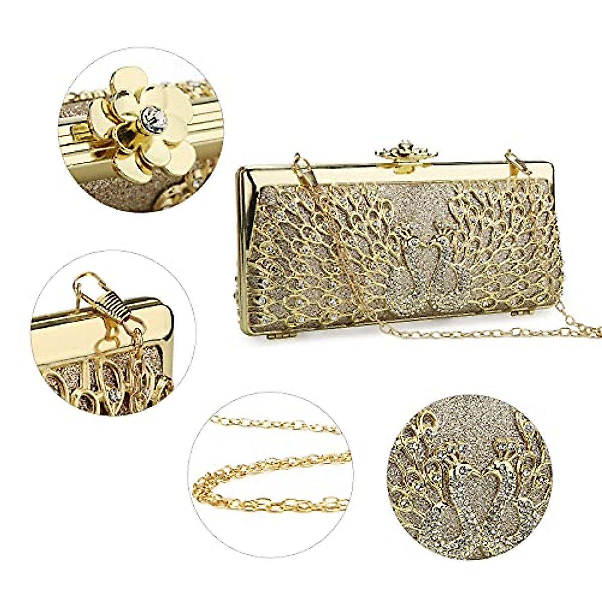 UBORSE Peacock Clutch Bag Rhinestone Vintage Evening Purse for Wedding Cocktail Party Retro Style (Gold)