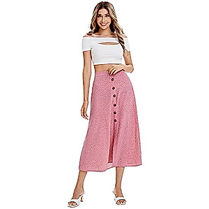SheIn Women's Polka Dot A-Line Button Side Split Midi Knee Length Skirt Watermelon Pink Large