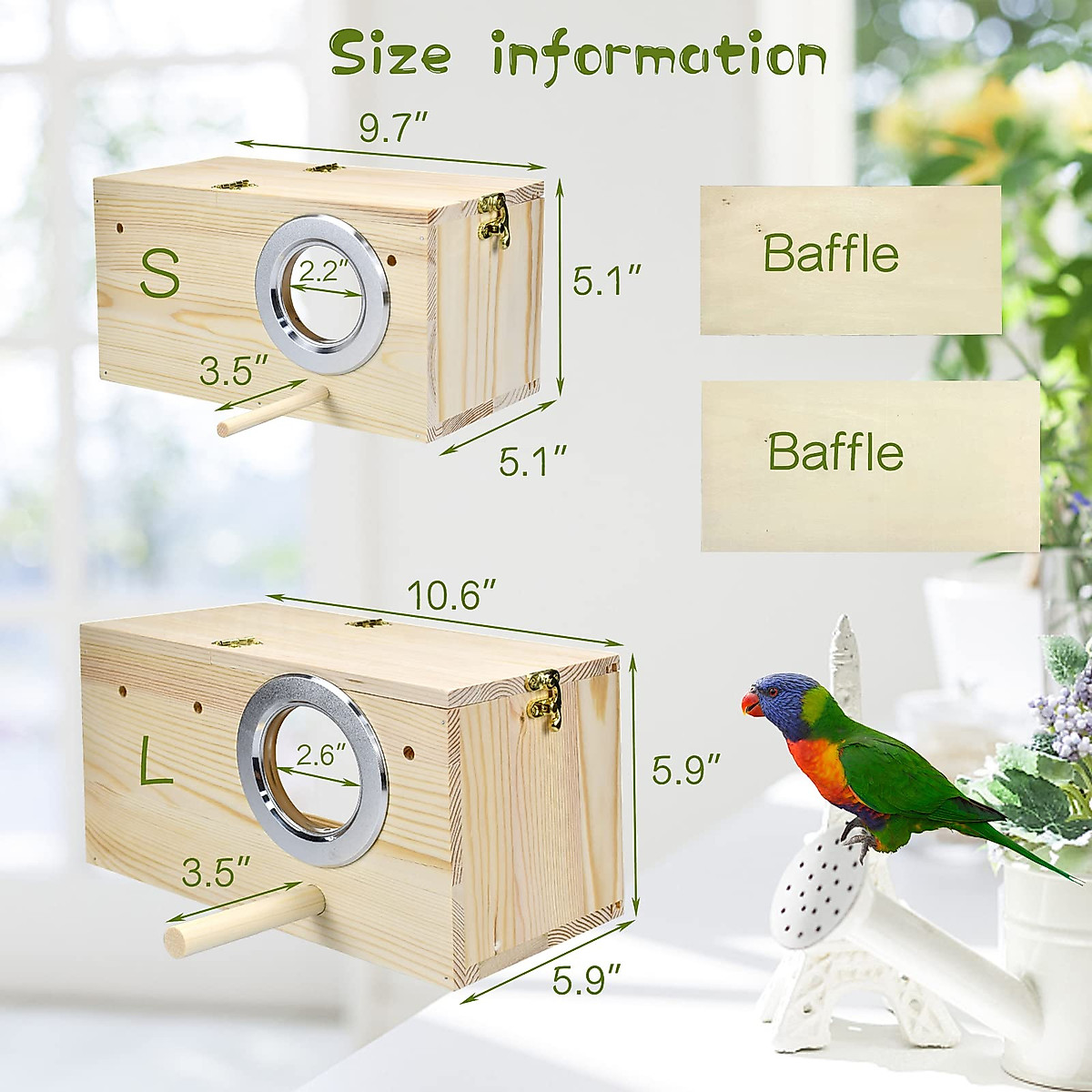 CooShou Parakeet Nesting Box Cockatiel Nesting Natural Pine Bird Nest Bird Breeding Box House Acrylic Transparent Bird Box with Detachable Wooden Board for Lovebirds Cockatiel Budgie Conure Parrot L