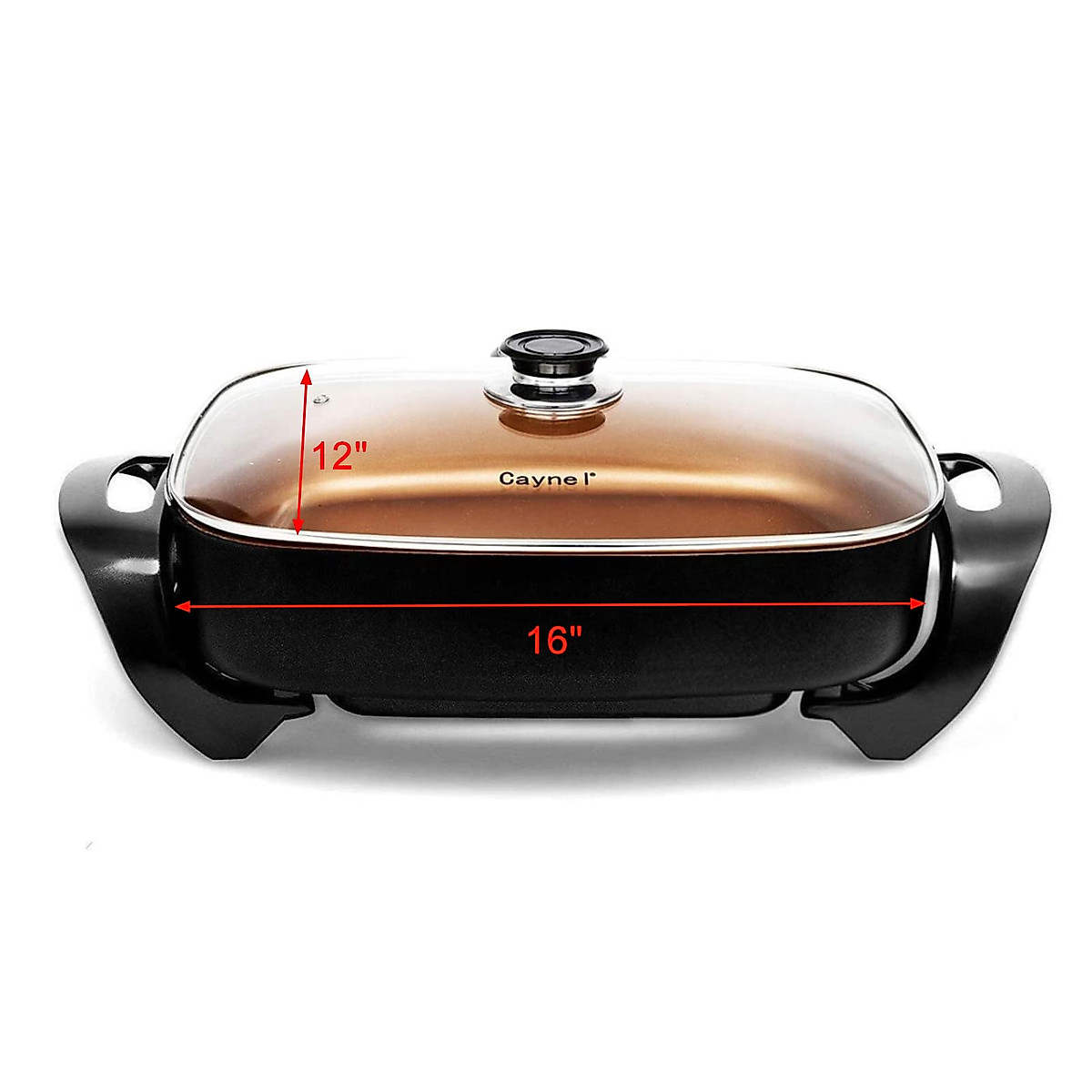 Caynel Professional Non-stick Copper Electric Skillet Jumbo, Deep Dish with Tempered Glass Vented Lid, Upgrade Thermostat, 16”x 12”x 3.15”- 8 quart (Black-1)