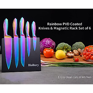 Rainbow Knives Block Set 6 Pieces, Iridescent German High Carbon Stainless Steel Kitchen Knives Pack with Magnetic Knife Display Rack