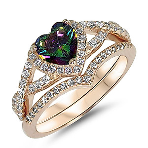 1 carat Simulated Black Mystic Topaz Heart CZ Wedding Ring Set for Women Size 10