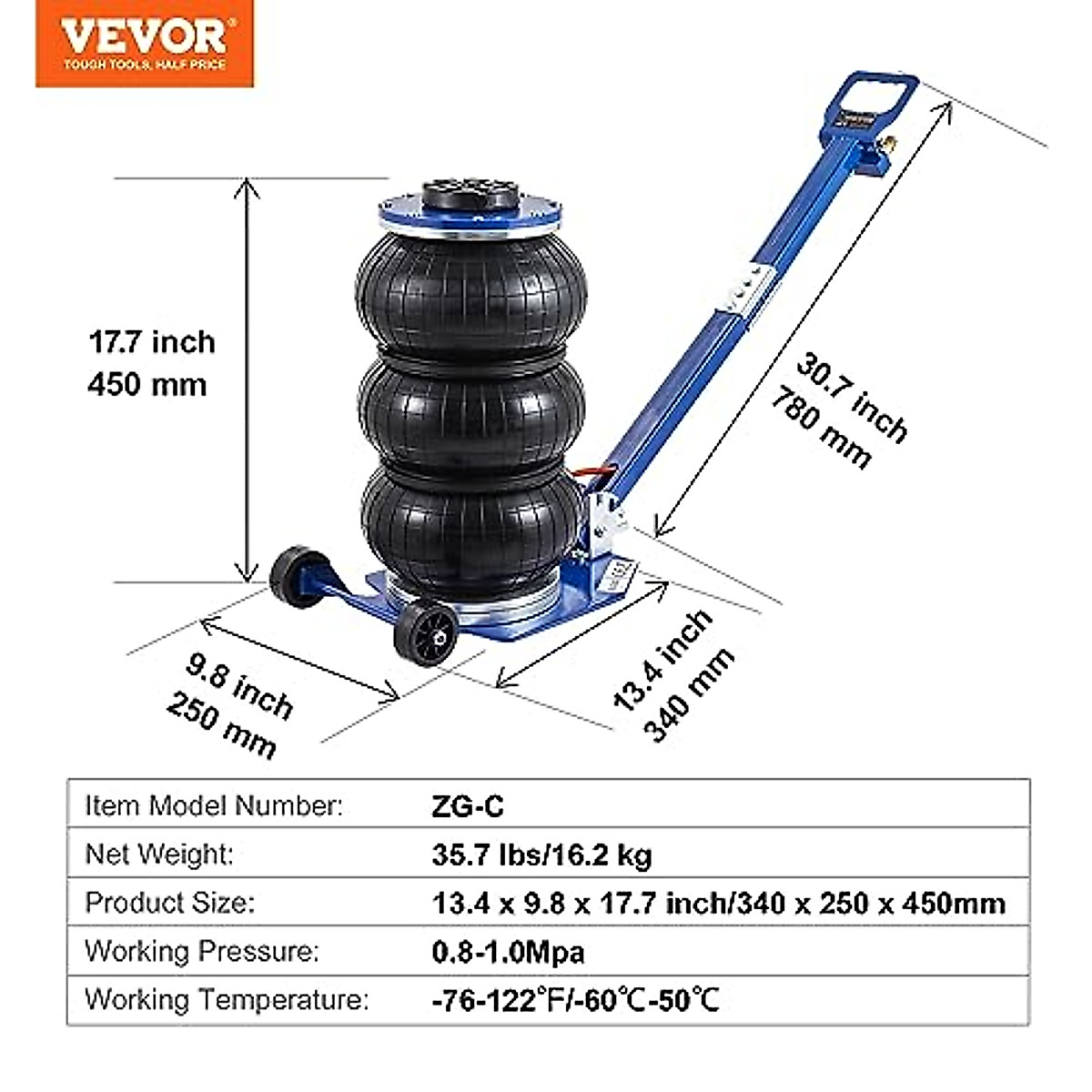 VEVOR Air Jack, 3 Ton/6600 lbs Triple Bag Air Jack, Airbag Jack with Six Steel Pipes, Lift up to 17.7", 3-5 s Fast Lifting Pneumatic Jack, with Adjustable Long Handles for Cars, Garages, Repair (Blue)