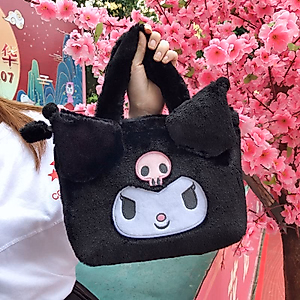 Cute Bag Portable Kuromi Plush Handbag Kawaii Purse Anime Cartoon Soft Fluffy Japanese Lolita Lovely Shoulder Bag for Girls Women (BLACK)