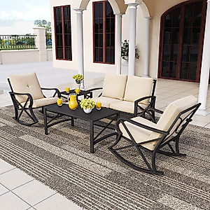 PatioFestival 5 PCS Metal Patio Furniture Conversation Set, Outdoor Patio Conversation Sectional Sets,Iron Steel Frame Loveseat Chair with Cushions, Coffee Table (5 PCS, Khaki)