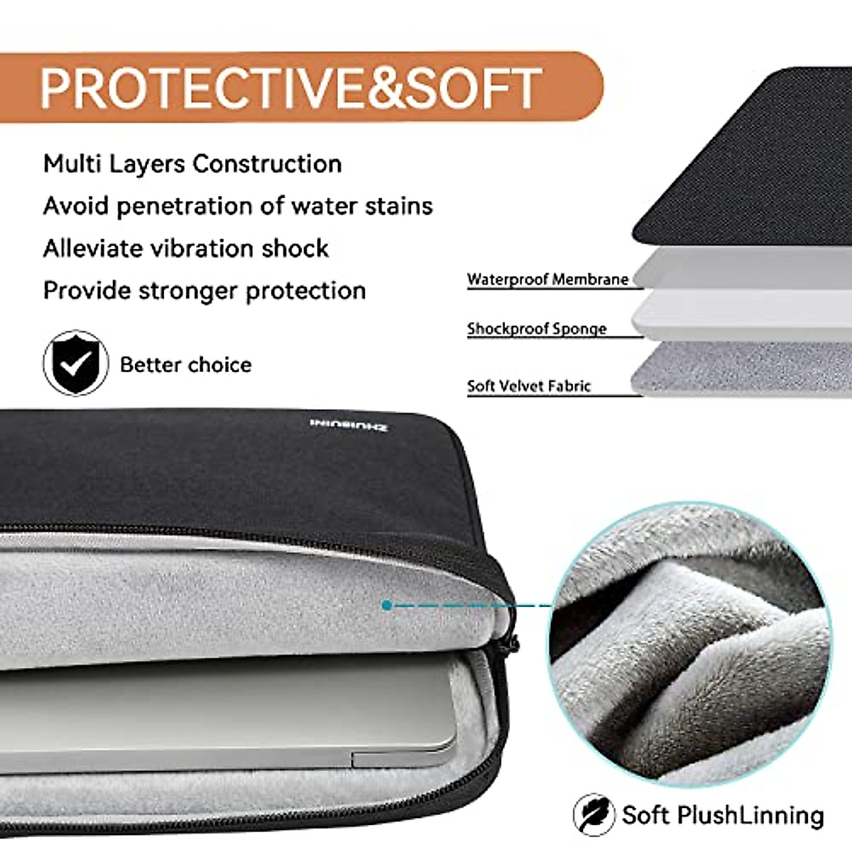 ZHUISUINI 15 15.6 16 Inch Laptop Bag Case with Shoulder Straps &Handle,Compatible with MacBook Pro16 M2 Max/M2 Pro/Microsoft/Hp/Lenovo/Dell/Acer/Chromebook,Shoulder Briefcase,Black