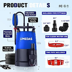 MEDAS 1HP 750W 4623GPH Submersible Sump Pump Electric 3 in 1 Clean/Dirty Water Utility Water Pumps w/Float Switch and Long 16.4ft Cable for Quickly Water Removal Drainage Pool Garden Tub Pond Flood