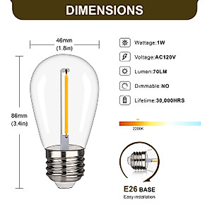 YIMILITE S14 Outdoor String Light Bulbs, Shatterproof Replacement Bulbs, 1W Equivalent to 10W, Waterproof 2200K Warm White Led Light Bulbs, E26 Base 25 Pack
