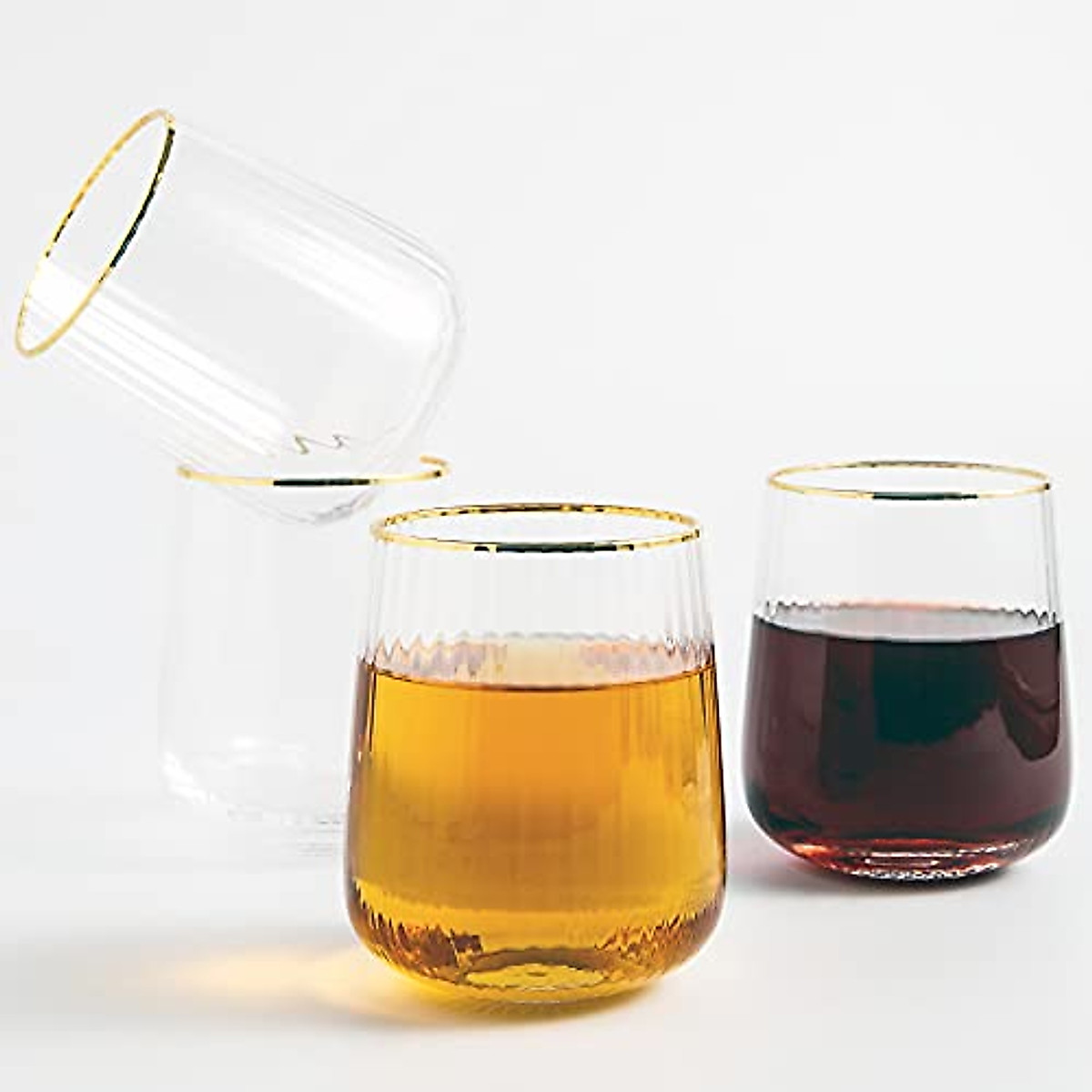 Lysenn Stemless Wine Glasses Set of 4 - Premium Hand Blown Drinking Glasses for White and Red Wine - Elegant Vertical Stripe and Gold Rim Design - Clear 15oz