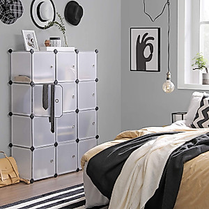 SONGMICS Cube Storage Organizer, Set of 12 Plastic Cubes, Closet Storage Shelves, DIY Plastic Closet Cabinet, Modular Bookcase, Shelving with Doors for Bedroom, Living Room, White ULPC342W01